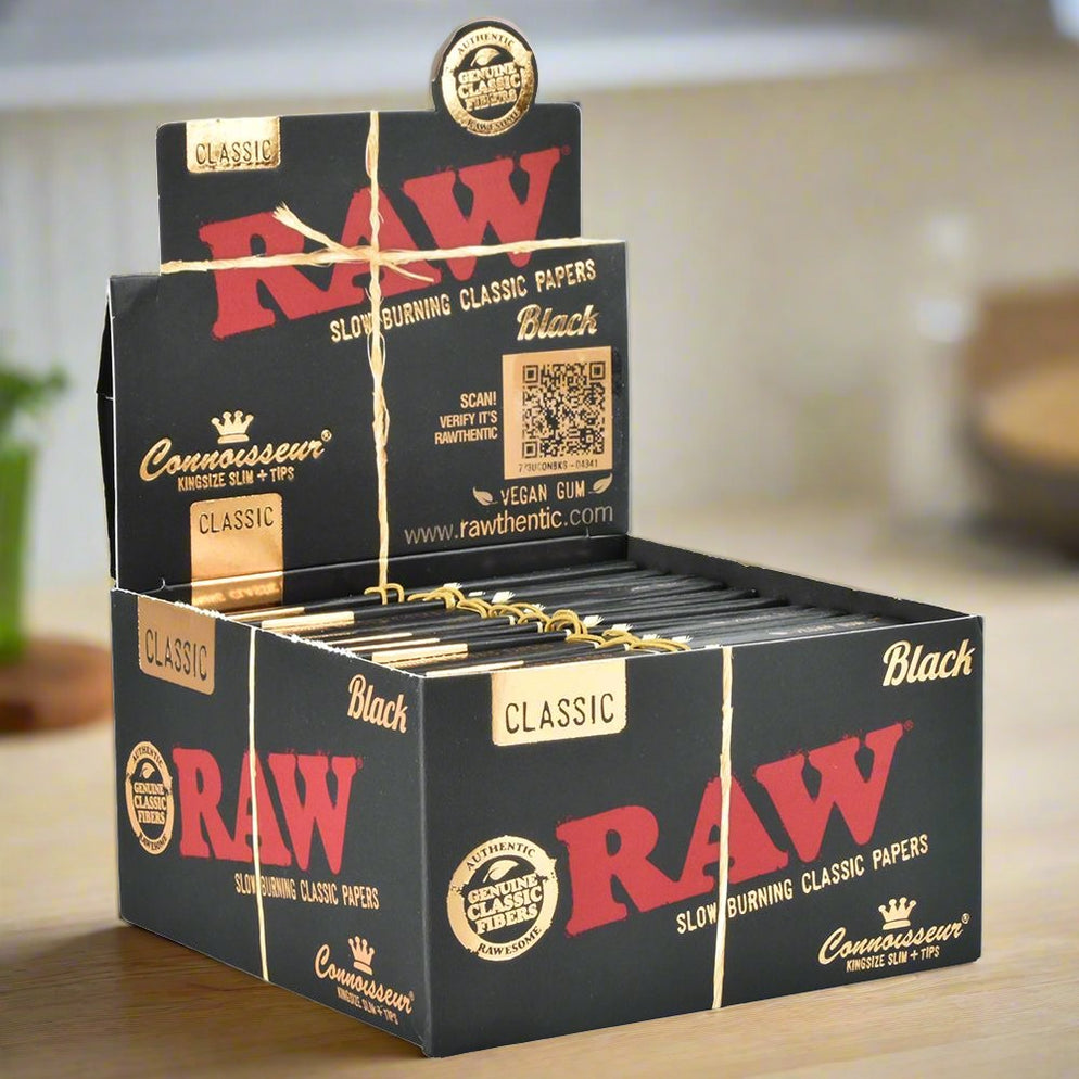 RAW Black Connoisseur Rolling Papers & Tips | King Size Slim, Slow Burning — Kush Cargo