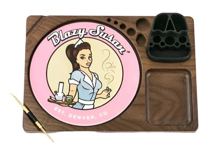 Blazy Susan Wooden Rolling Tray Dab Station - Premium Walnut Dab ...