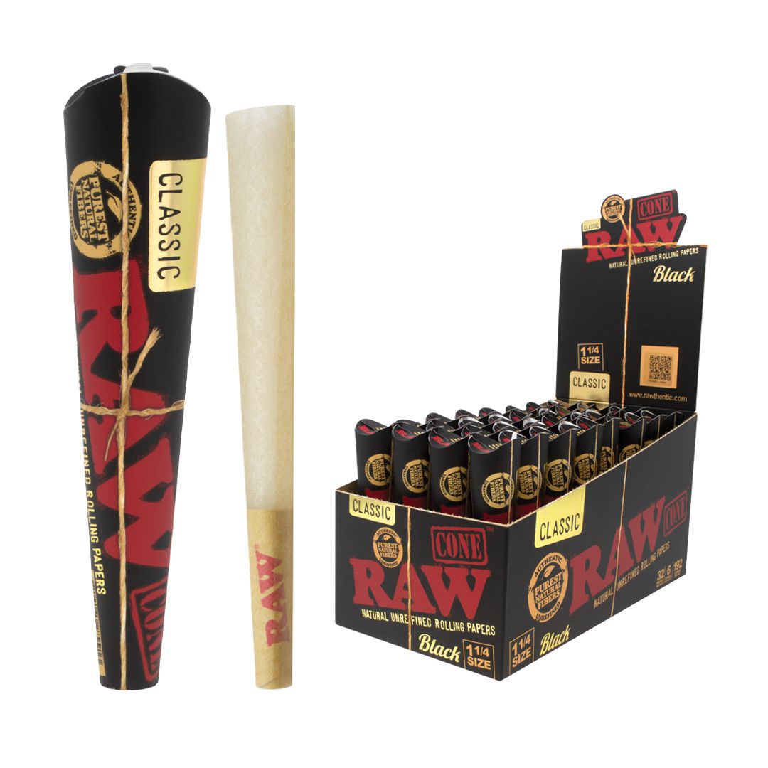 RAW Black Pre Rolled Cones 32 Pack Box King Size & 1 1/4 — Kush Cargo